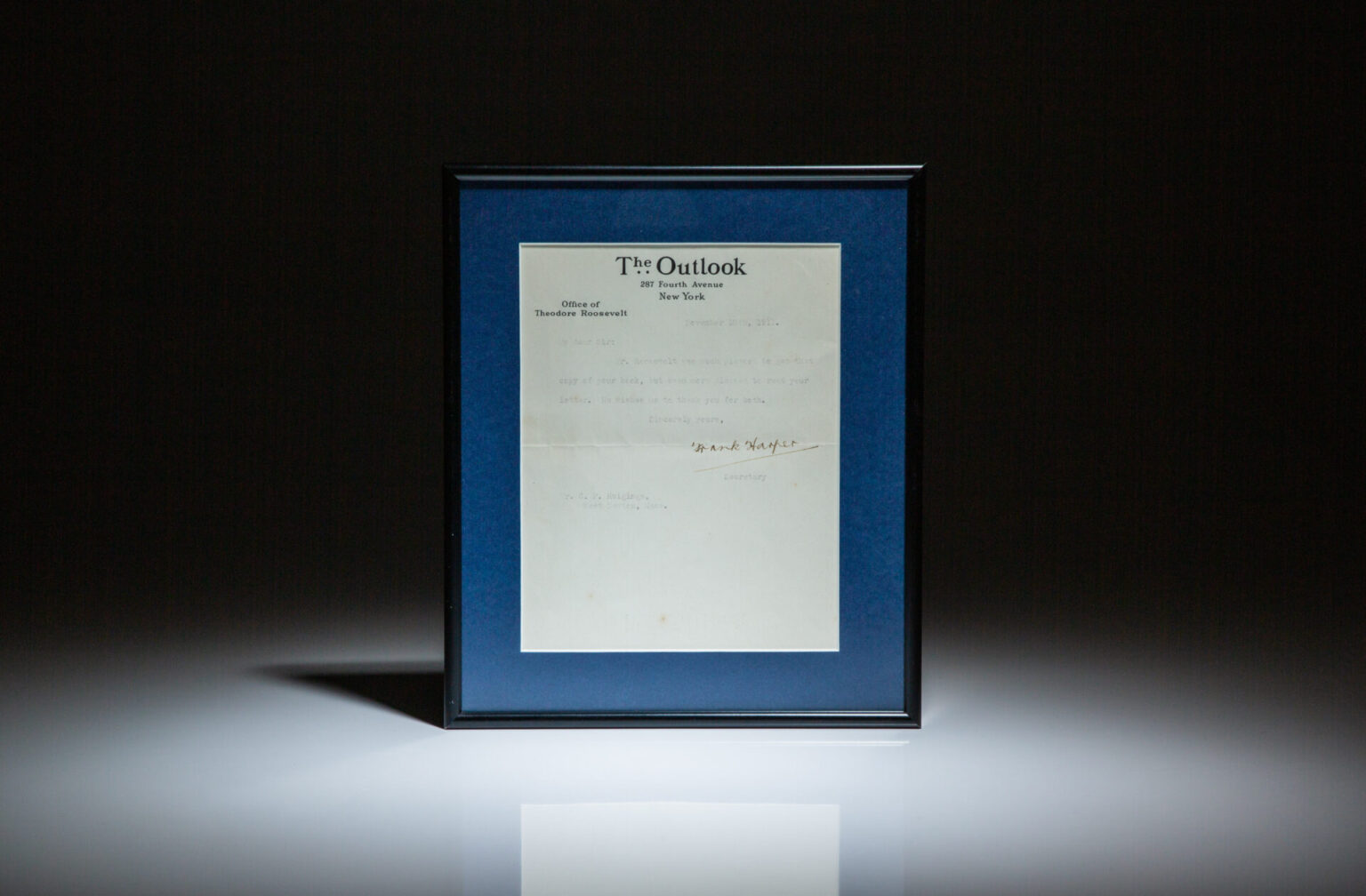 Letter from Frank Harper, Secretary to President Theodore Roosevelt ...