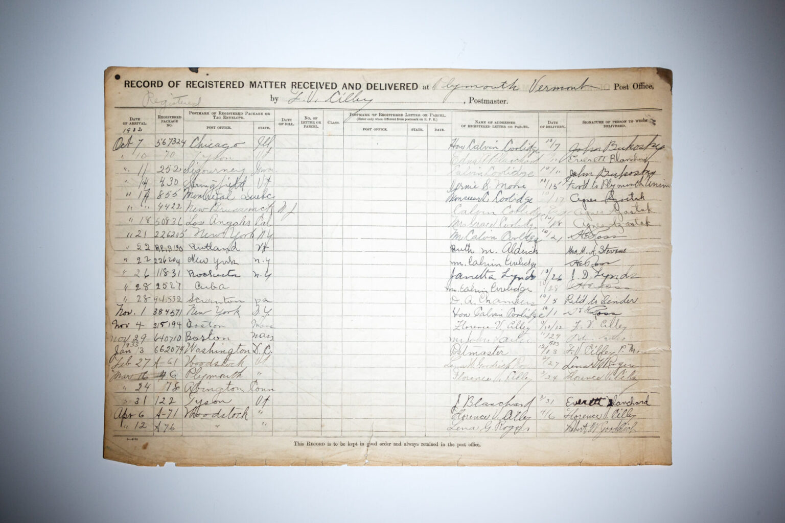 Post Office Register Mail Record - The First Edition Rare Books