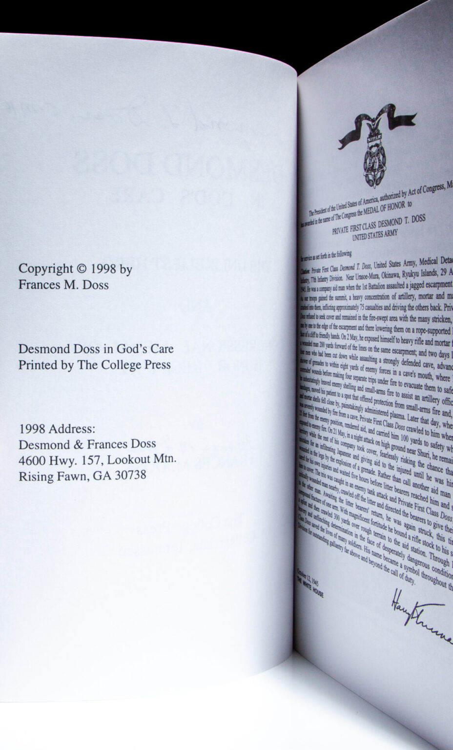 Desmond Doss: In God's Care - The First Edition Rare Books