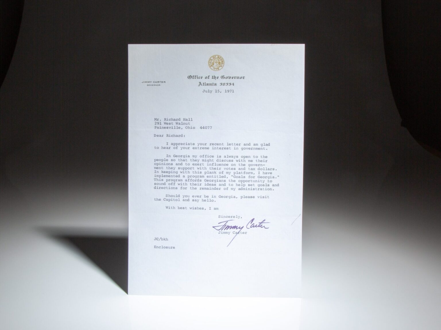 Letter from Governor Jimmy Carter - The First Edition Rare Books