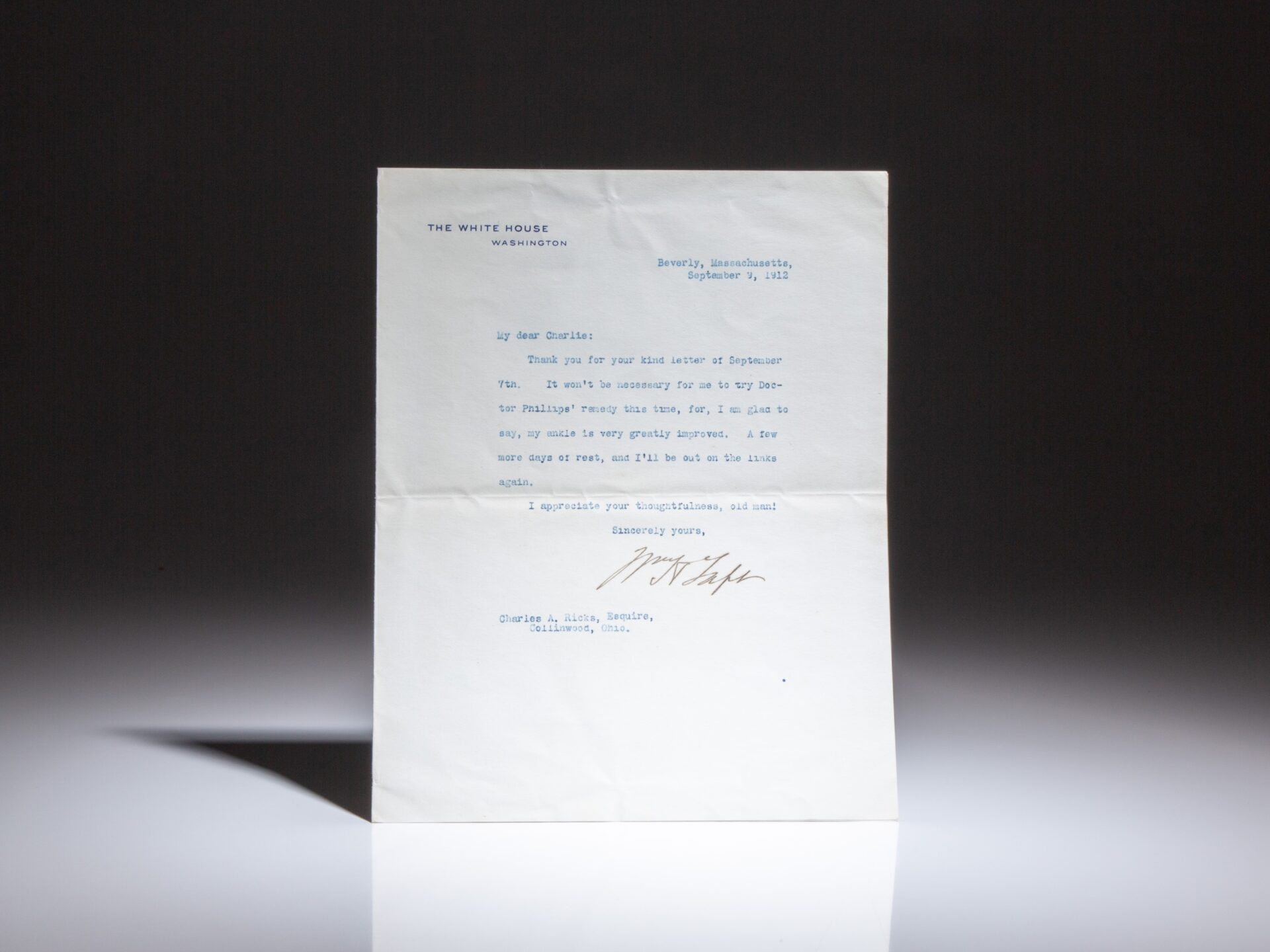 Typed Presidential Letter from President Taft - The First Edition Rare ...